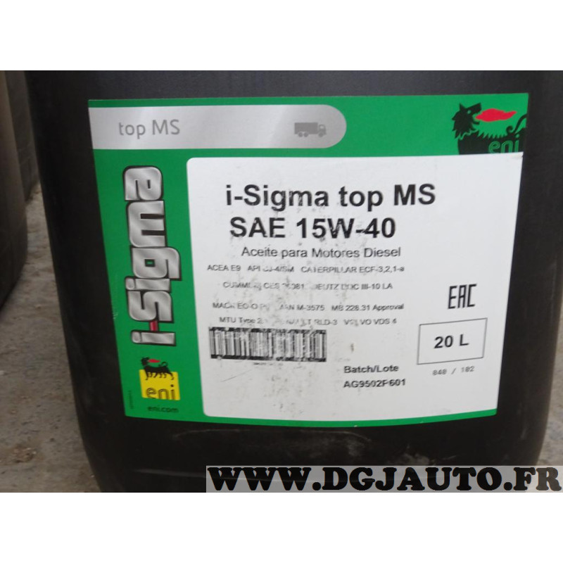 Bidon 20L 20 litres huile moteur ENI i-Sigma top MS SAE 15W40 106450 moteur diesel ACEA E9 ...